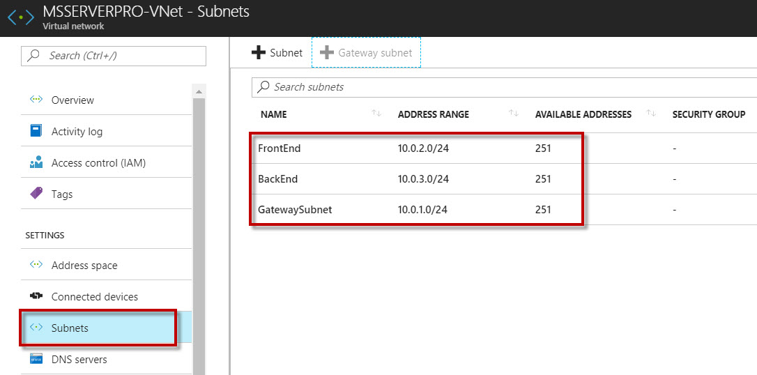 Using the Azure Portal to Create Virtual Networks, Add Subnets and Setting up a DNS Server ...